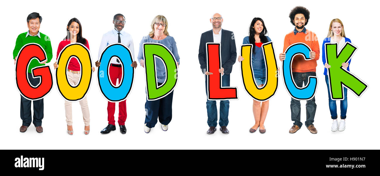 DIverse People Holding Text Good Luck Stock Photo - Alamy