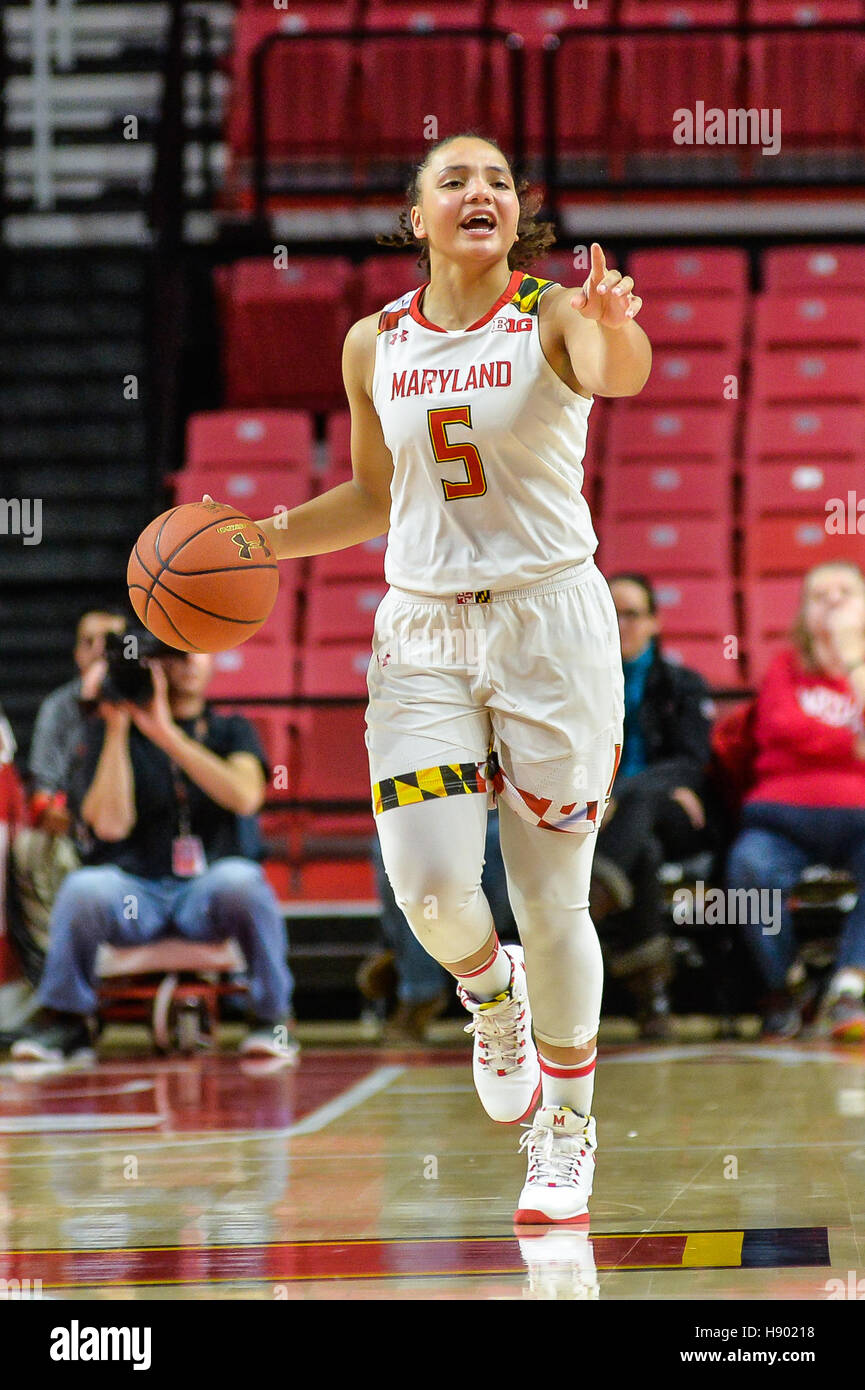 College Park, Maryland, USA. 16th Nov, 2016. DESTINY SLOCUM (5) shouts ...