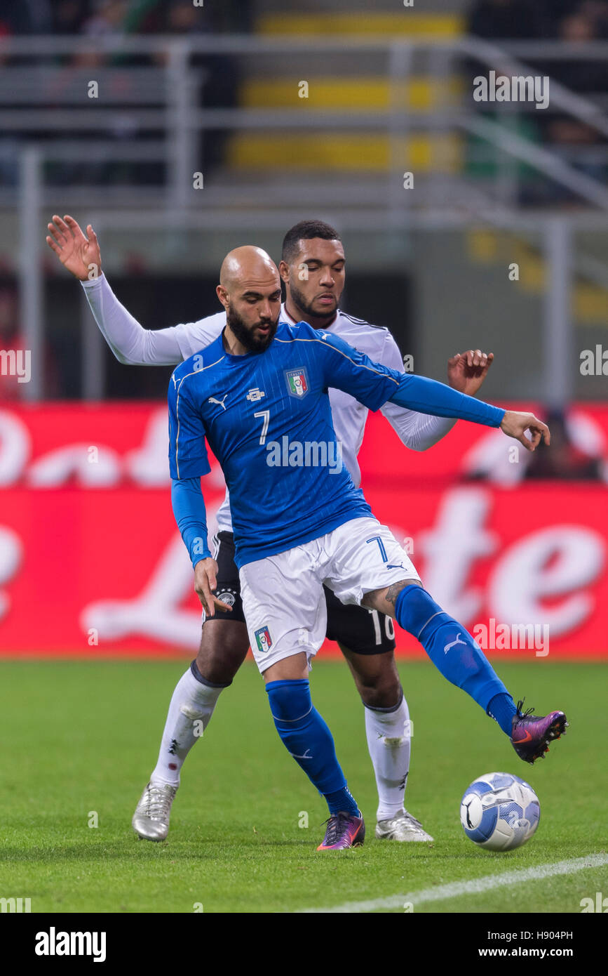 Milan, Italy. 15th Nov, 2016. Simone Zaza (ITA), Jonathan Tah (GER ...