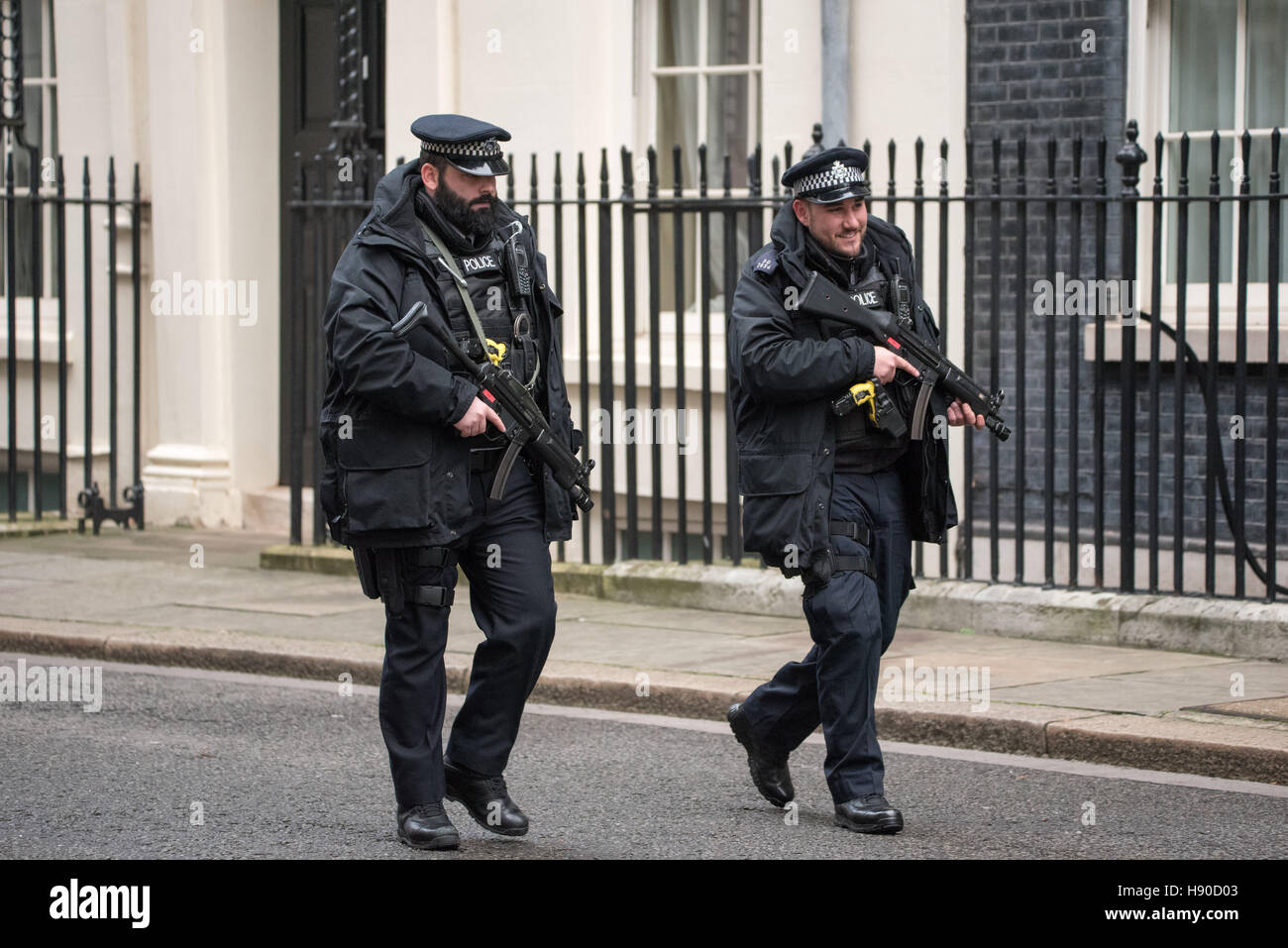 London, UK. 10th January, 2017. Armed police patrol Downing Street ...