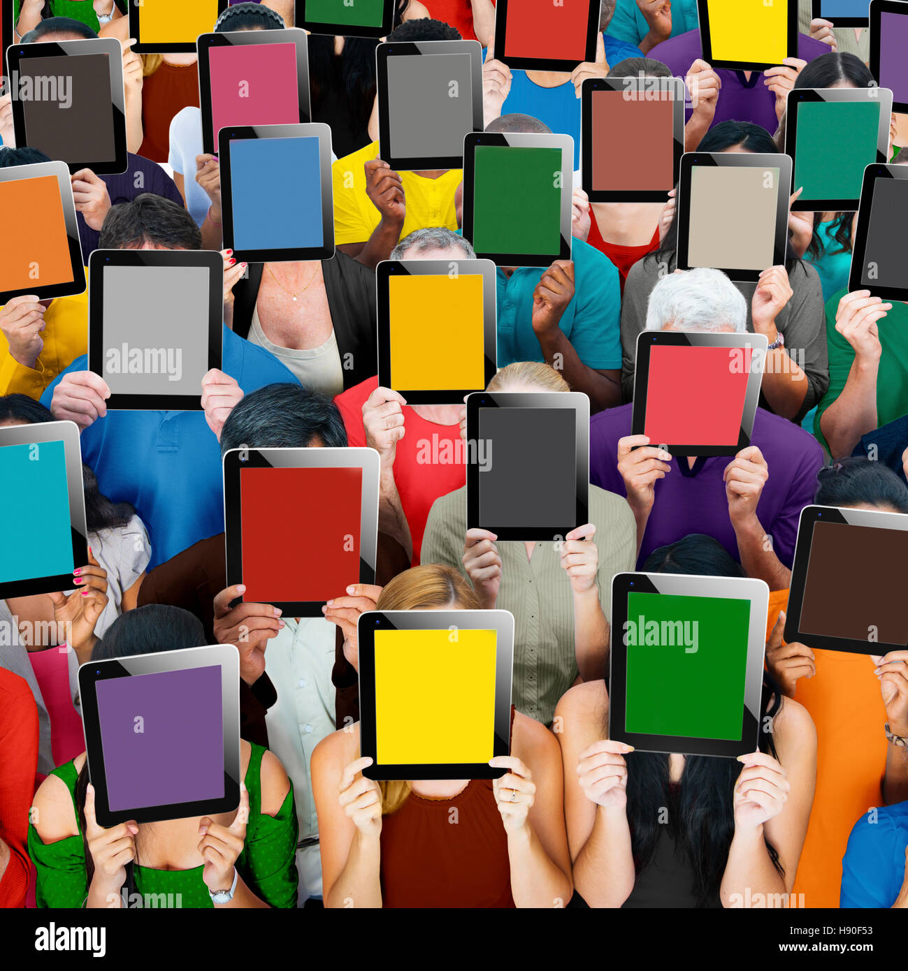 Diverse Group People Holding Tablet Faces Anonymous Concept Stock Photo ...