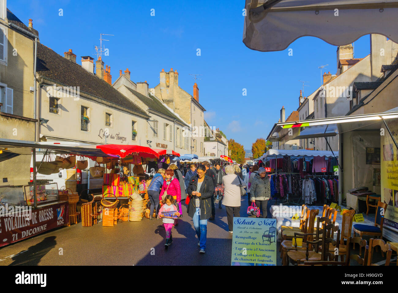 BEAUNE, FRANCE - OCTOBER 15, 2016: Market scene with various product ...