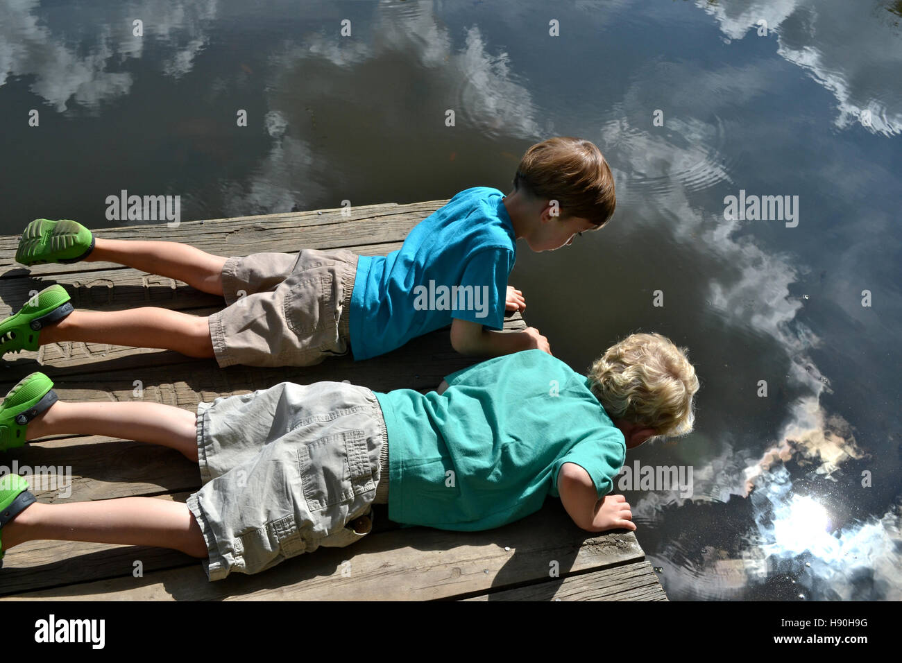 Two young boys looking into pond laying on a dock Stock Photo - Alamy
