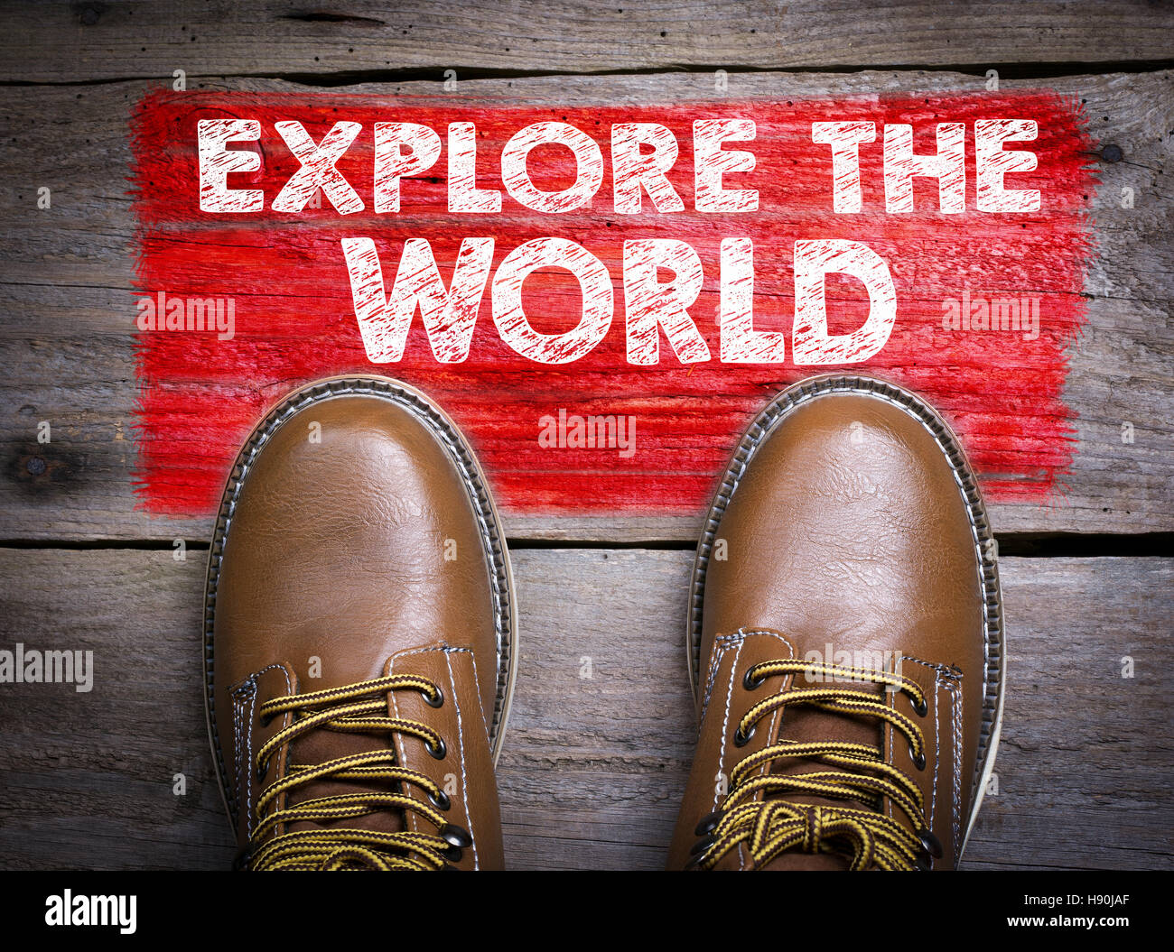 Explore the World. Top View of Boot on wooden background Stock Photo ...