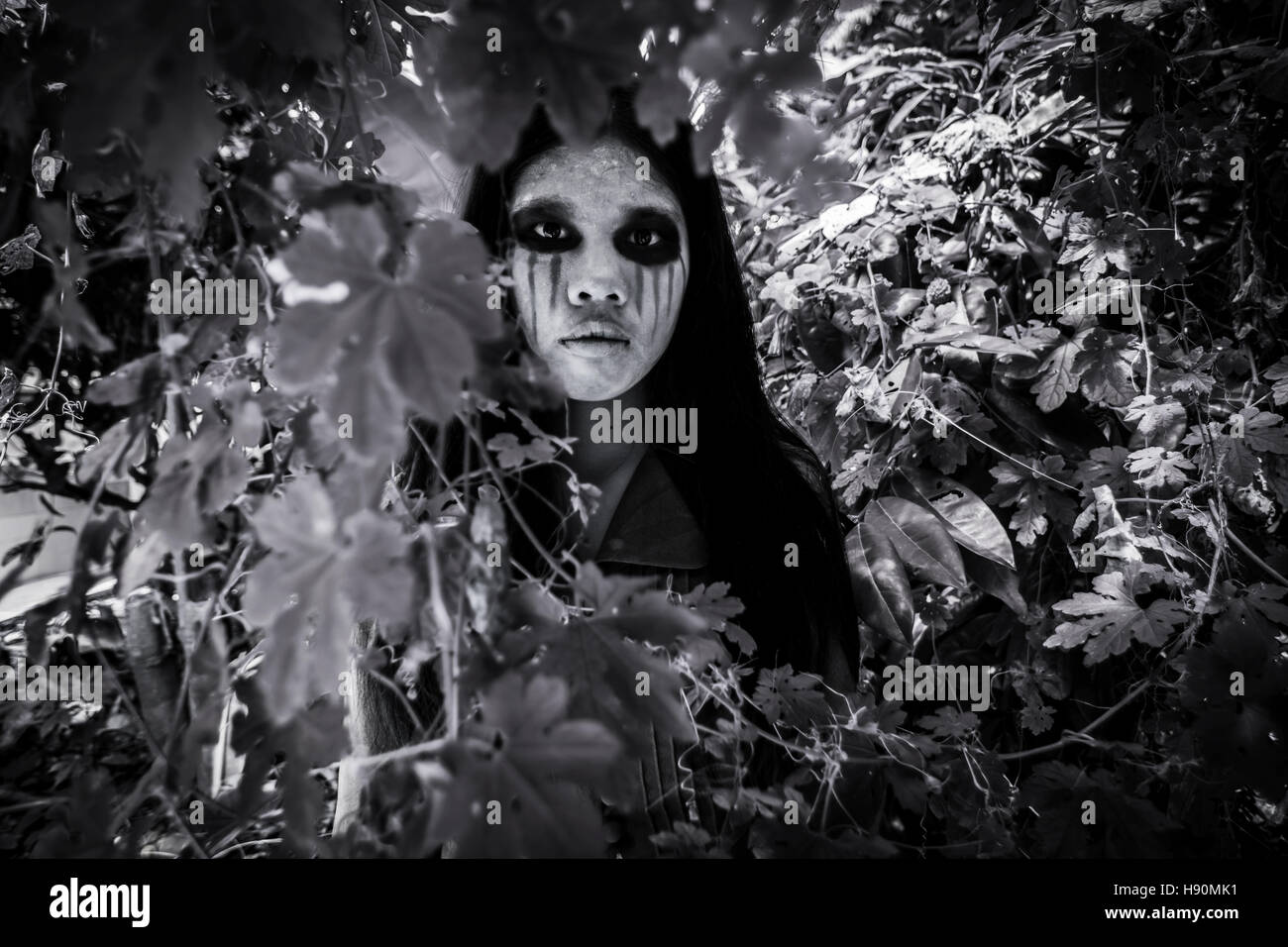 Ghost girl hiding in forest,Horror background for halloween concept and ...