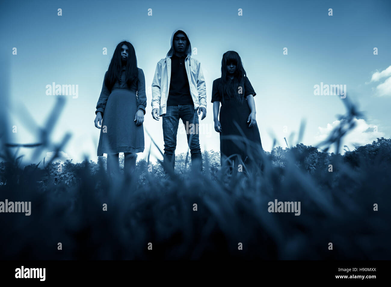 Group of stranger people with weapon to prank on halloween,Scary ...