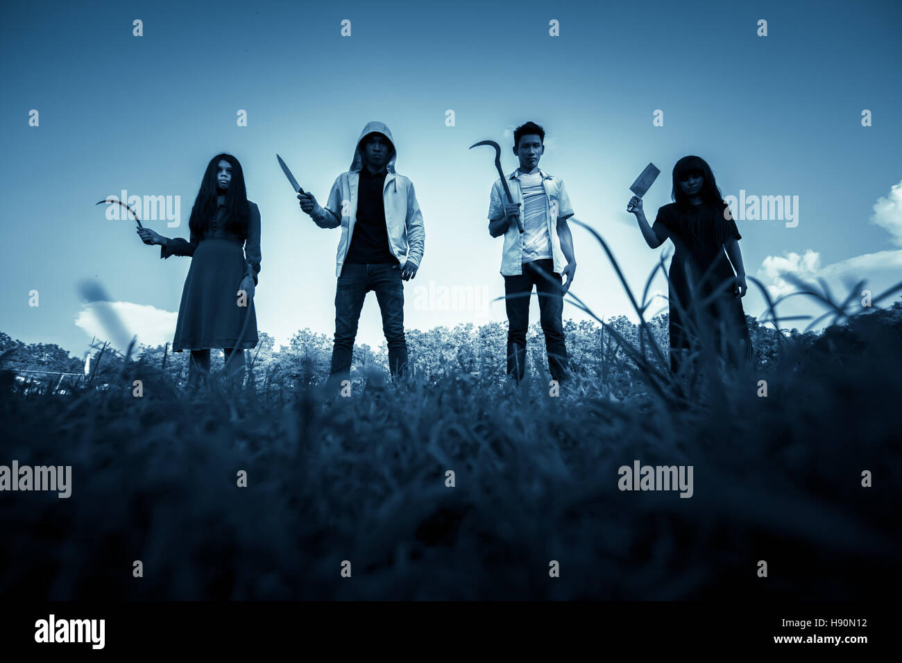 Group of stranger people with weapon to prank on halloween,Scary ...