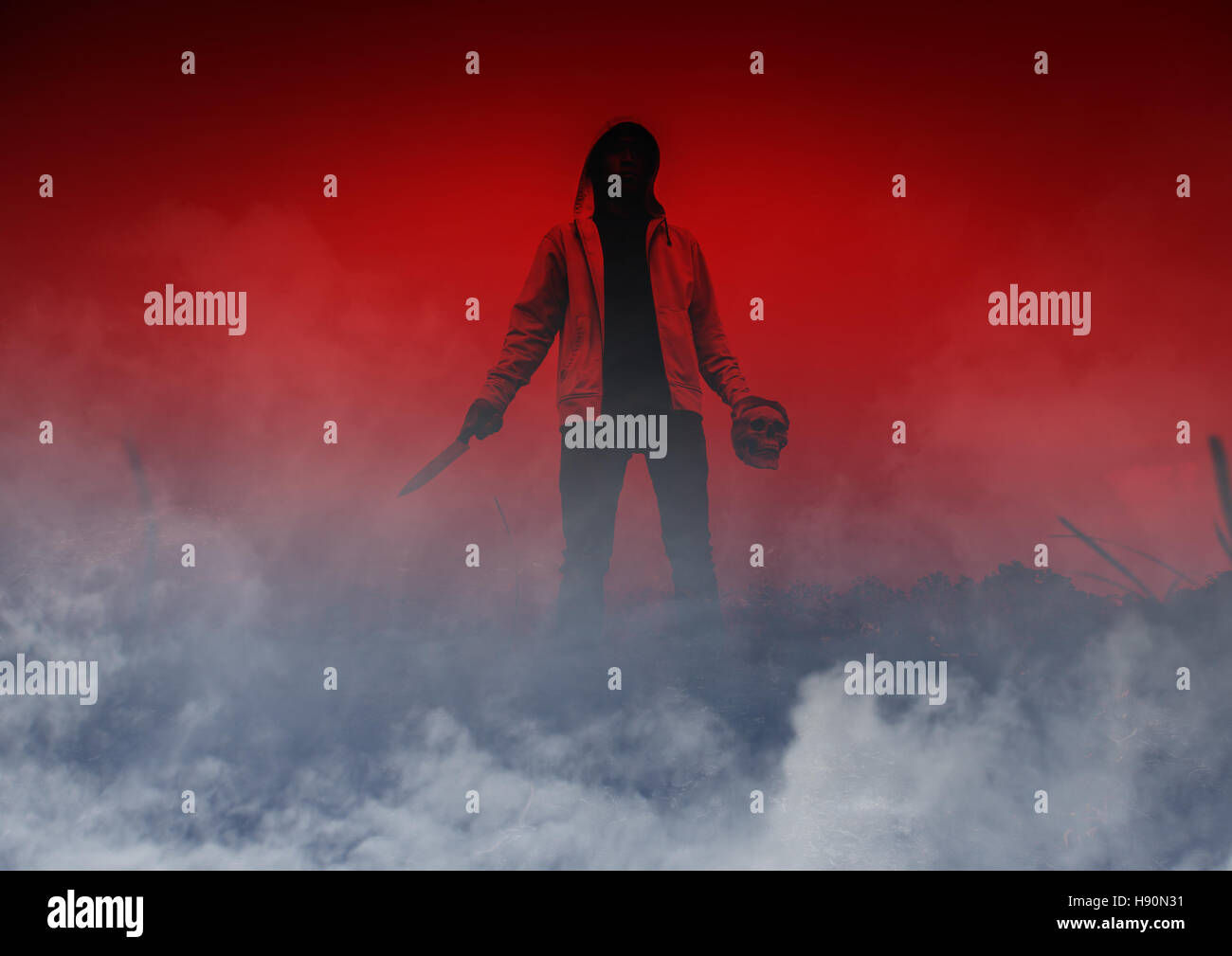 Release evil,Person with human skull in hand,Scary background for ...