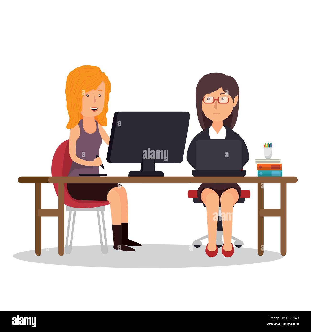girls team office workplace computer vector illustration eps 10 Stock ...