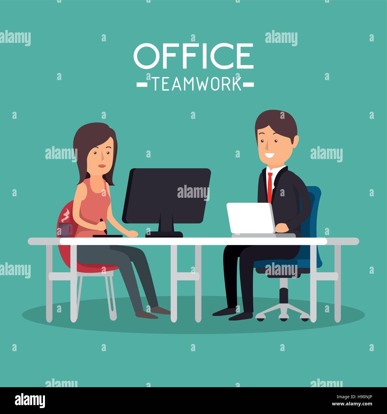 office teamwork woman and man working pc vector illustration eps 10 ...