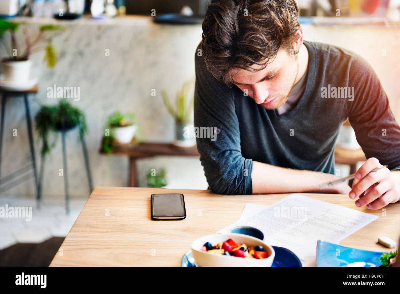 Man Reading Writing Research Thinkning Cafe Restaurant Concept Stock ...