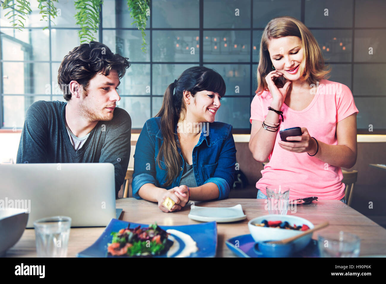 People Talking Digital Tablet Technology Friends Togetherness Concept ...