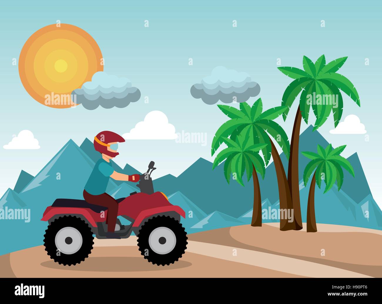 atv driver man beach mountain background vector illustration eps 10 ...