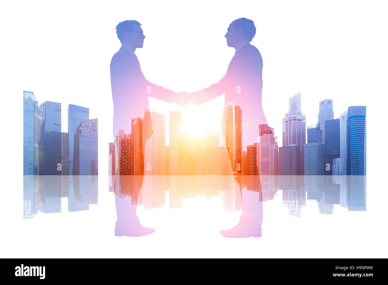 Double exposure of business people shaking hands over a cityscape background, handshake, skyline ...