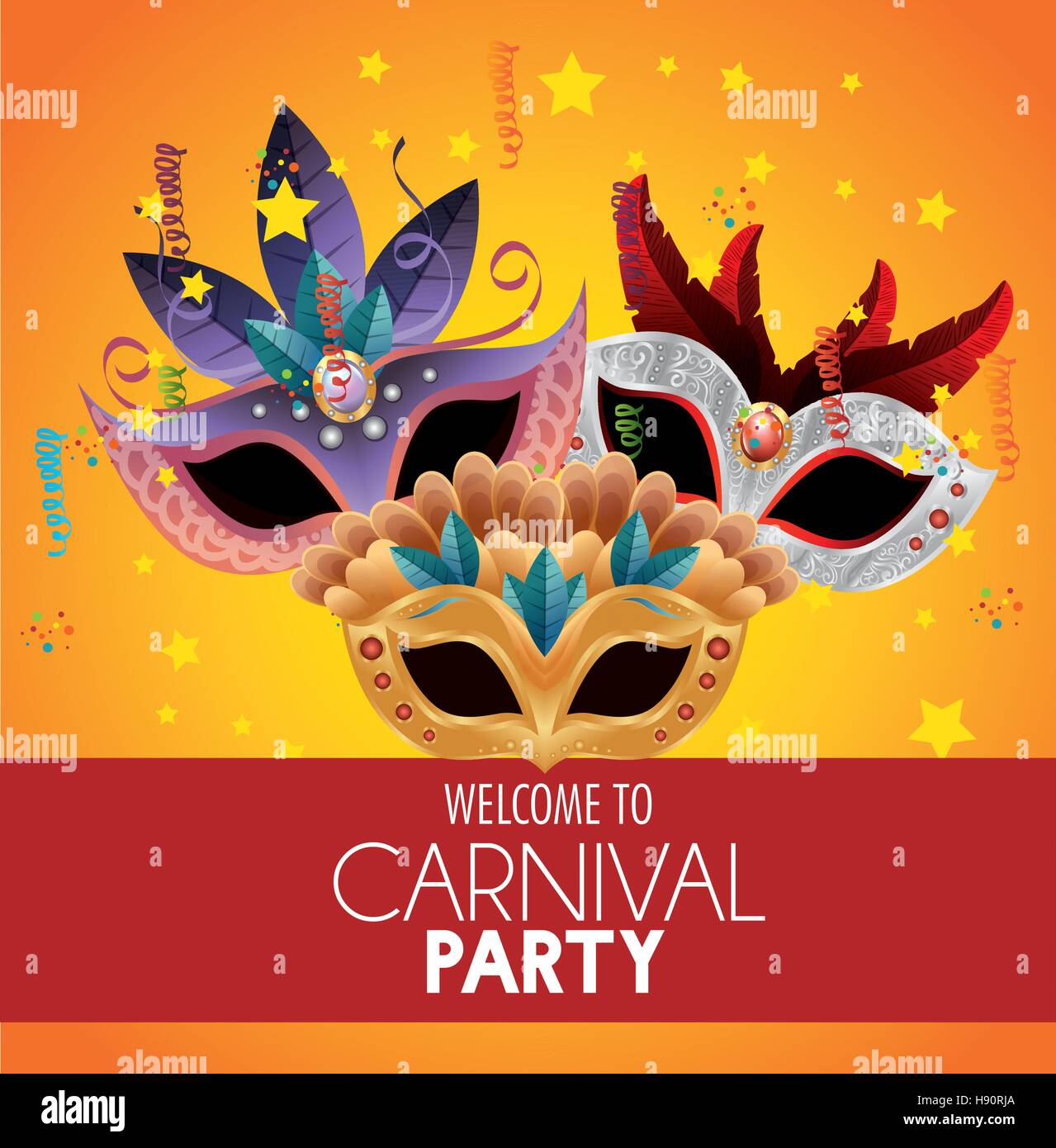 welcome carnival party bright masks feathers stars confetti banner ...
