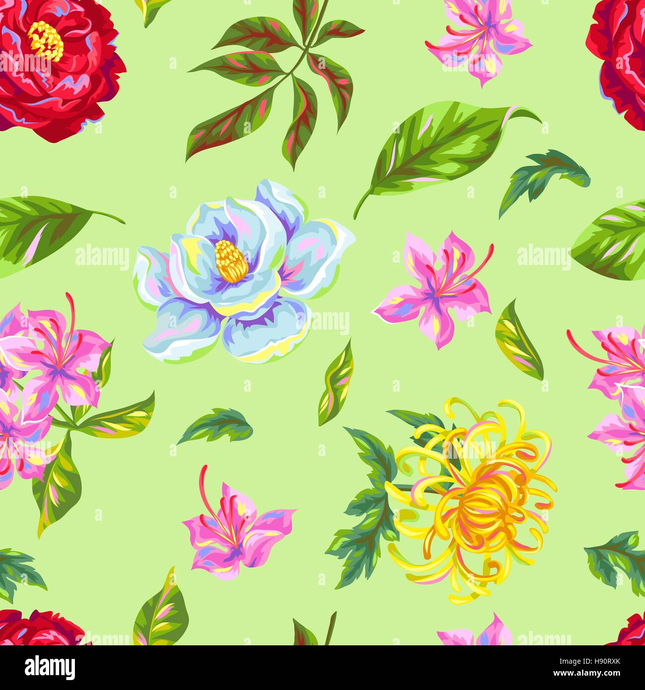 Seamless pattern with China flowers. Bright buds of magnolia, peony ...