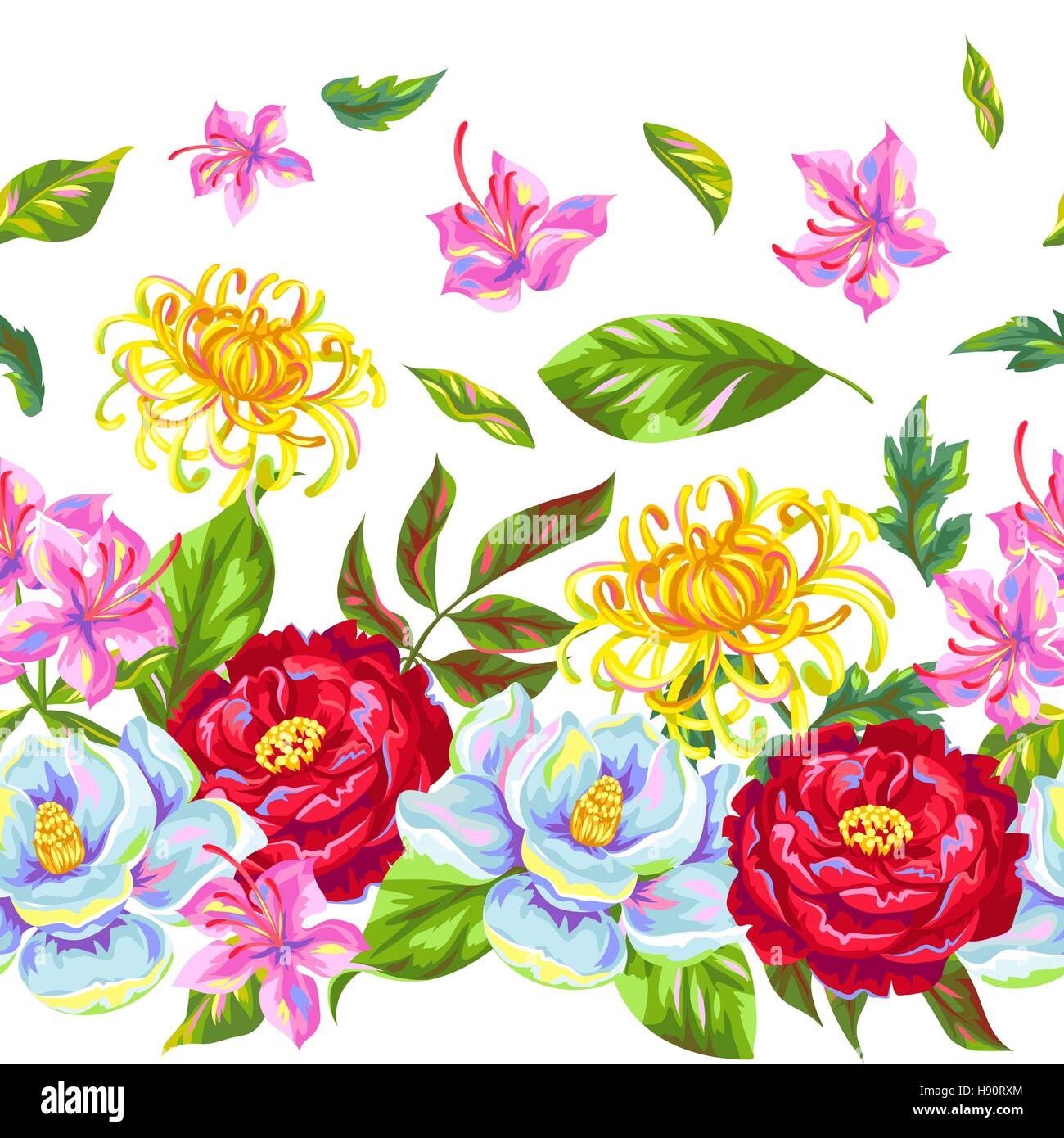 Seamless pattern with China flowers. Bright buds of magnolia, peony ...