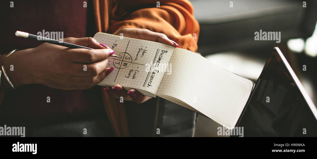 Woman Writing Notepad Notes SWOT Business Concept Stock Photo - Alamy