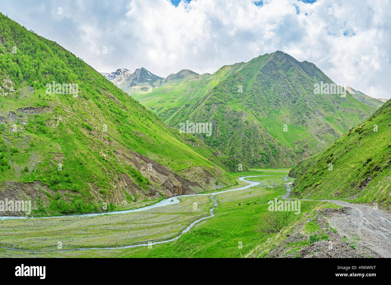 The green Juta valley with the fast flowing Jutistskali river and ...