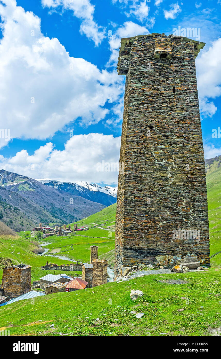 The old watchtower, located on the hill in Enguri gorge and overlooks ...