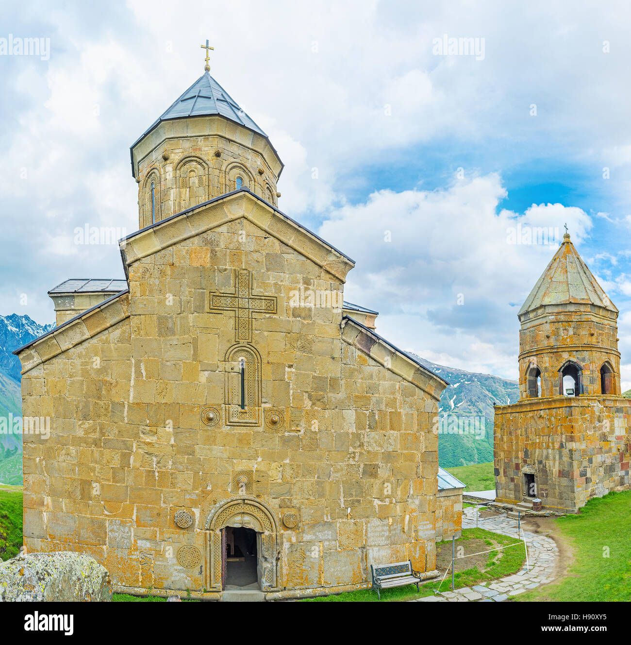 The facade of Gergeti Trinity Church with the Gate Chapel from the ...