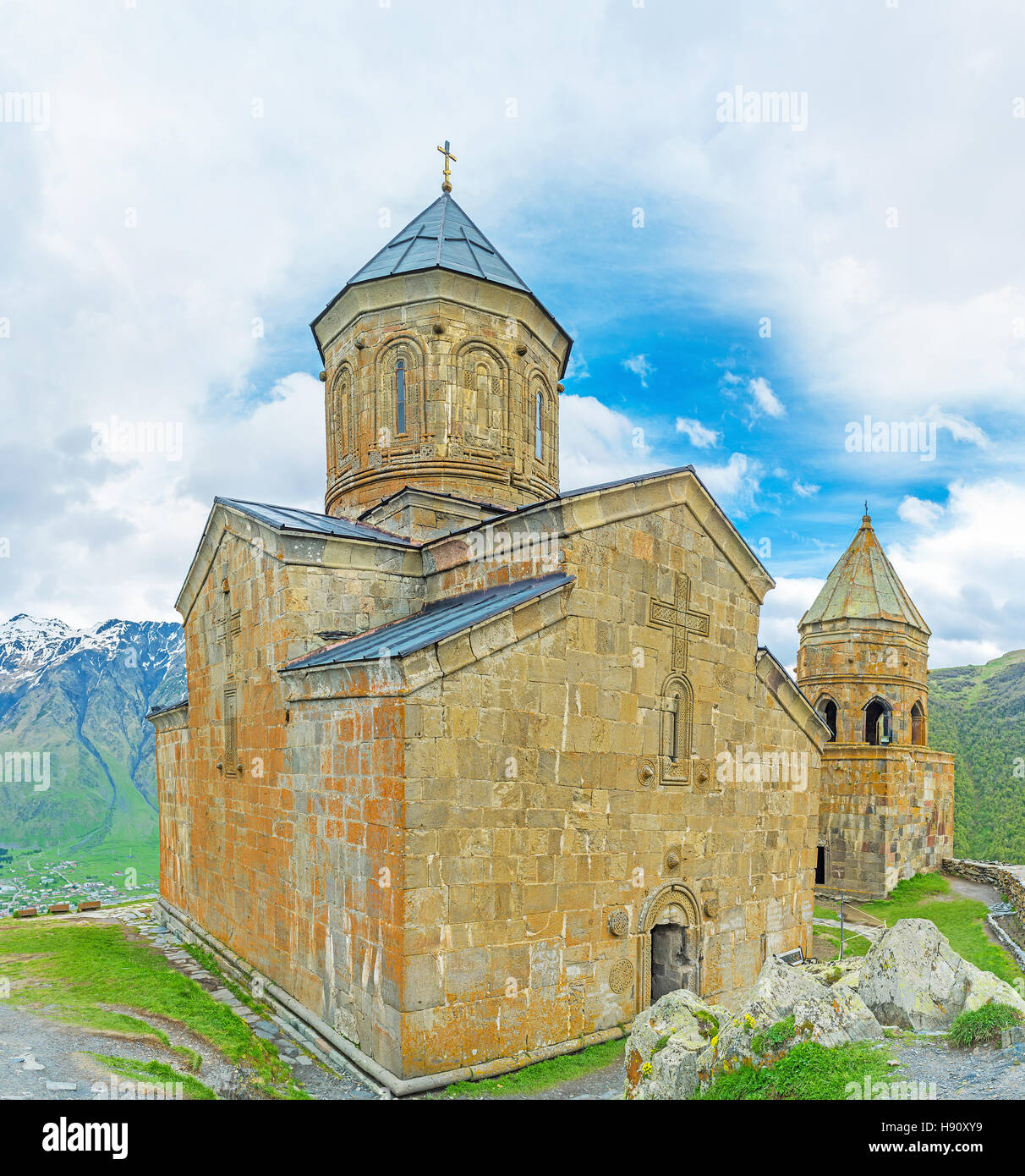 The wall of Tsminda Sameba (Holy Trinity) Church is the medieval stone ...