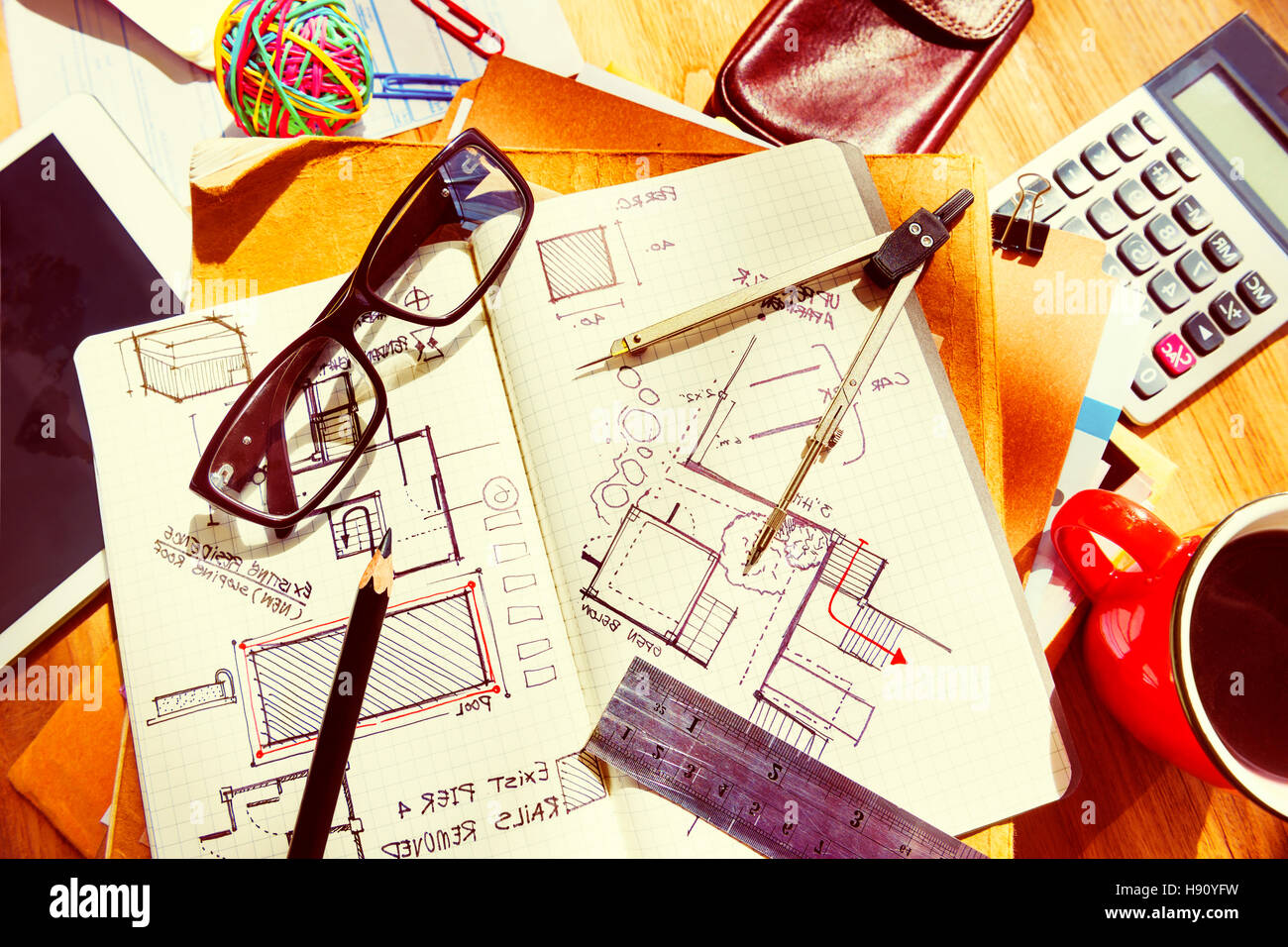 Designer Desk Architectural Tools Blueprint Concept Stock Photo - Alamy
