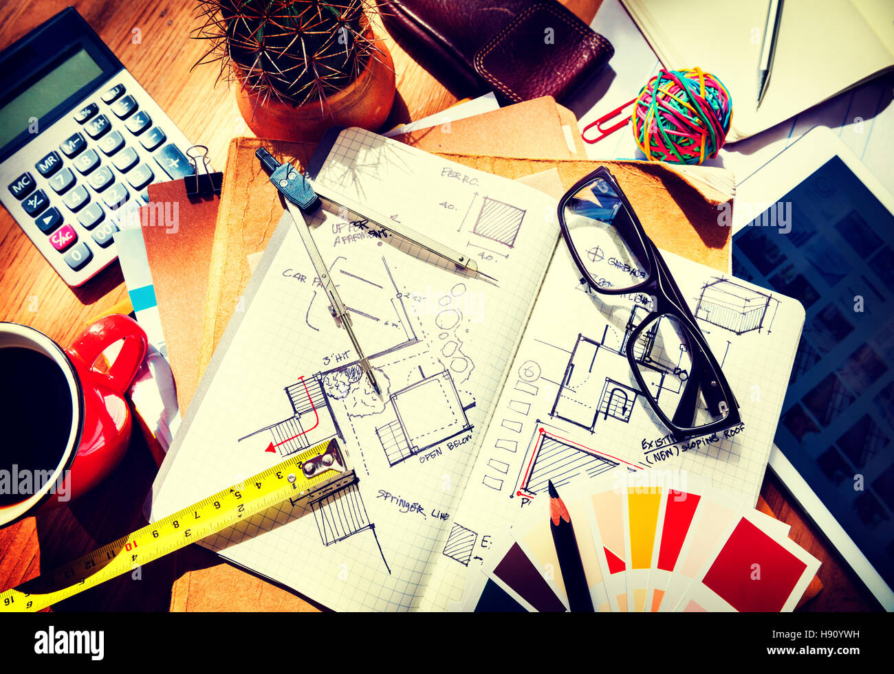 Messy Designer's Table Sketch Tools Architect Concept Stock Photo - Alamy