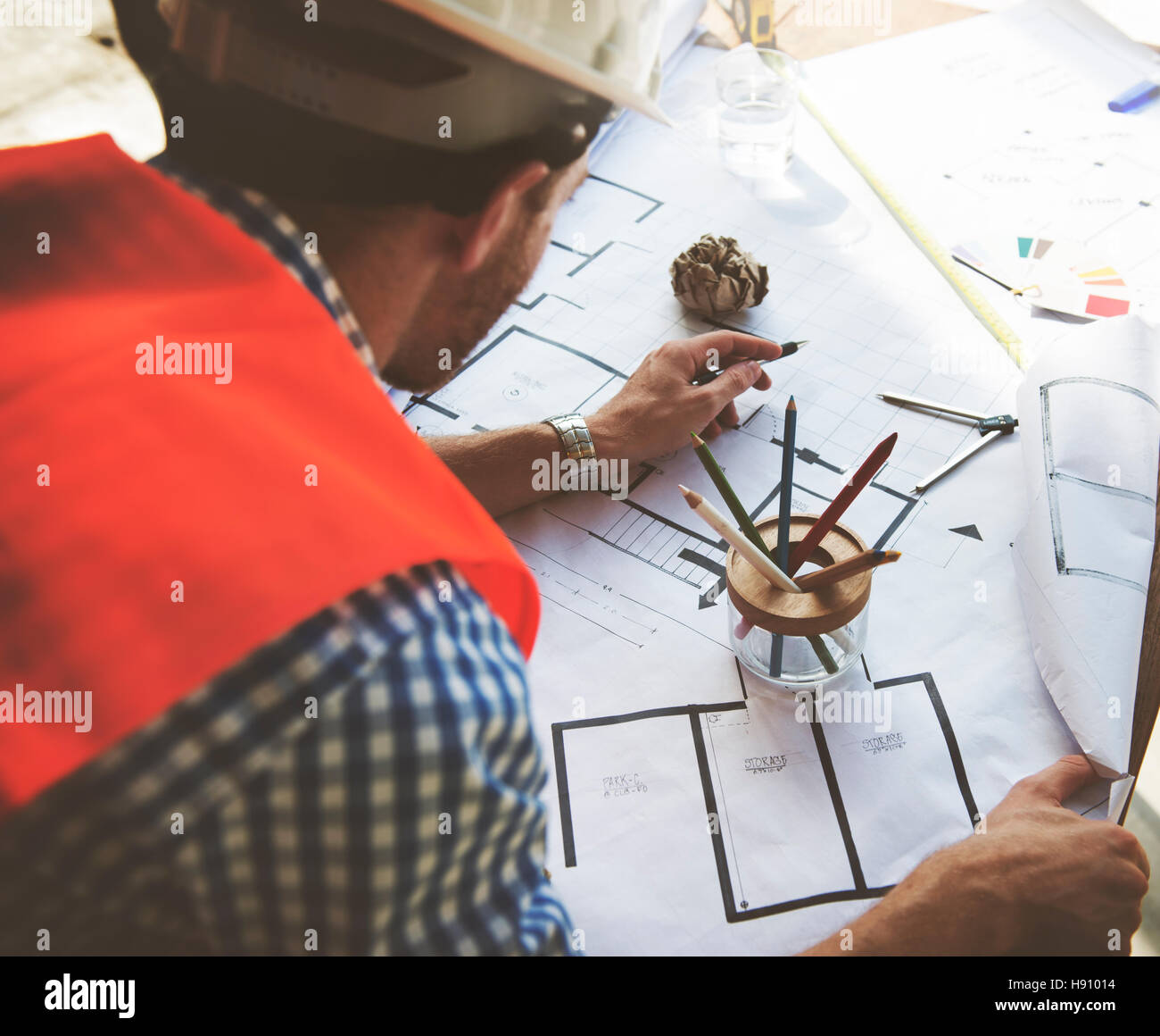 Architect Engineer Blueprint Design Working Concept Stock Photo - Alamy