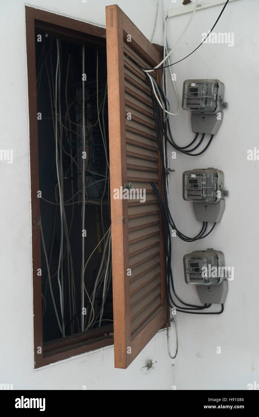 Electric meters hanging outside the power box Stock Photo - Alamy