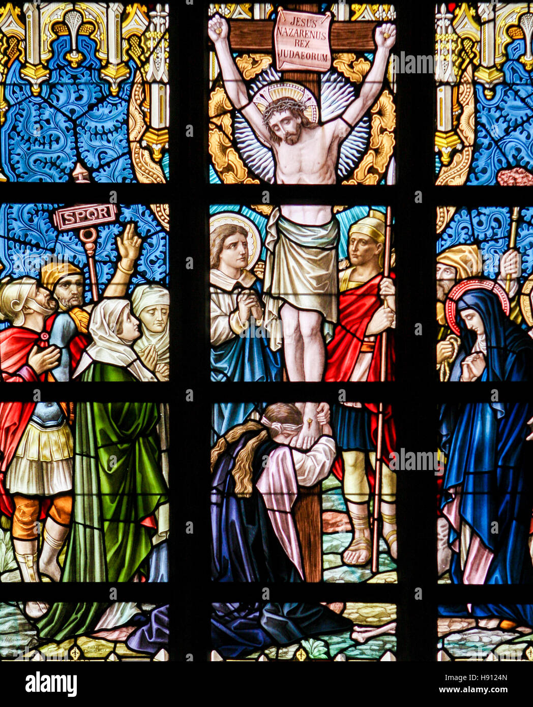 Stained Glass Window Depicting Jesus On The Cross On Good Friday In The