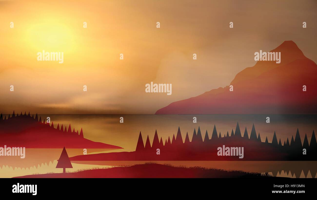 Lake Valley Sunrise Landscape - Vector Illustration Stock Vector Image ...