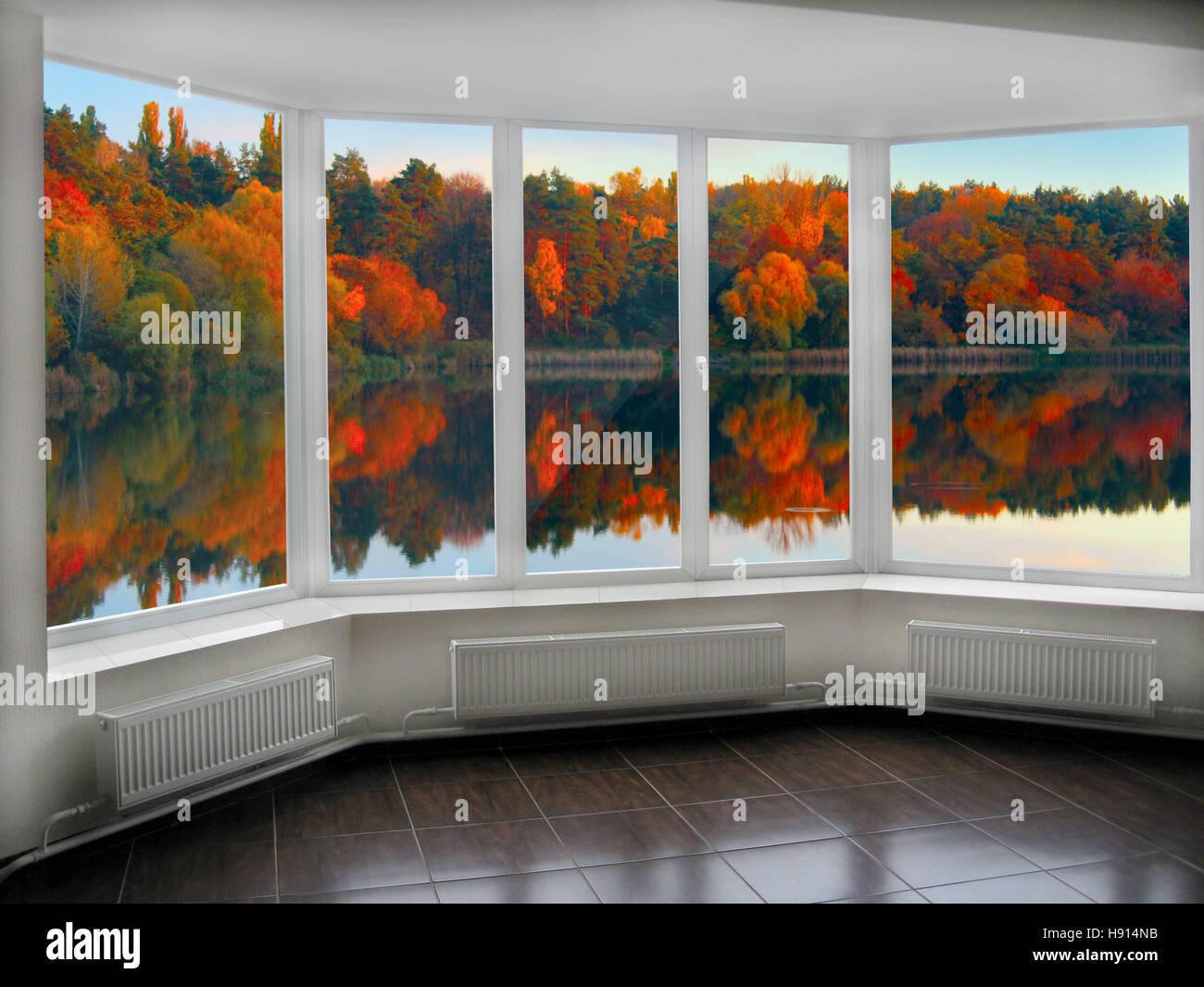 modern window overlooking the autumnal forest lake Stock Photo - Alamy