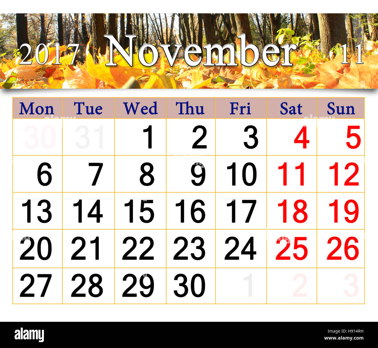 calendar for November 2017 with the ribbon of yellow leaves in the ...