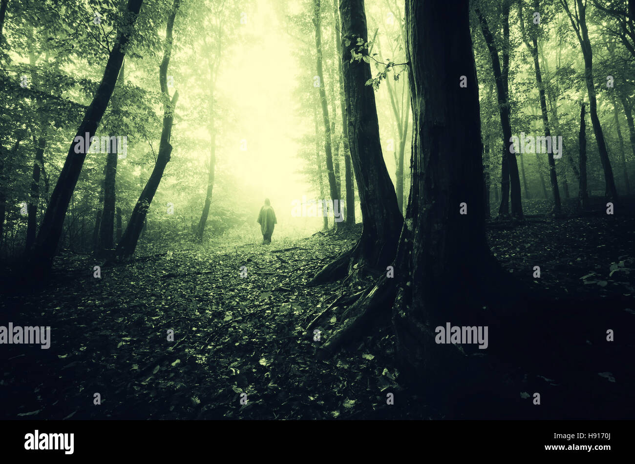 scary forest landscape with man on dark path Stock Photo - Alamy