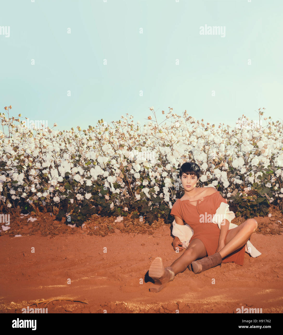Beautiful young woman with short hair alone outdoors in cotton field ...