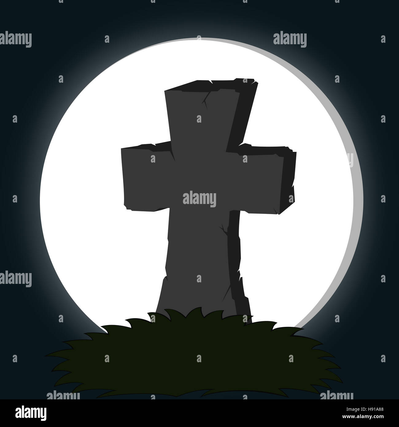 A gray cross-shaped gravestone with grass - midnight with moonlight ...