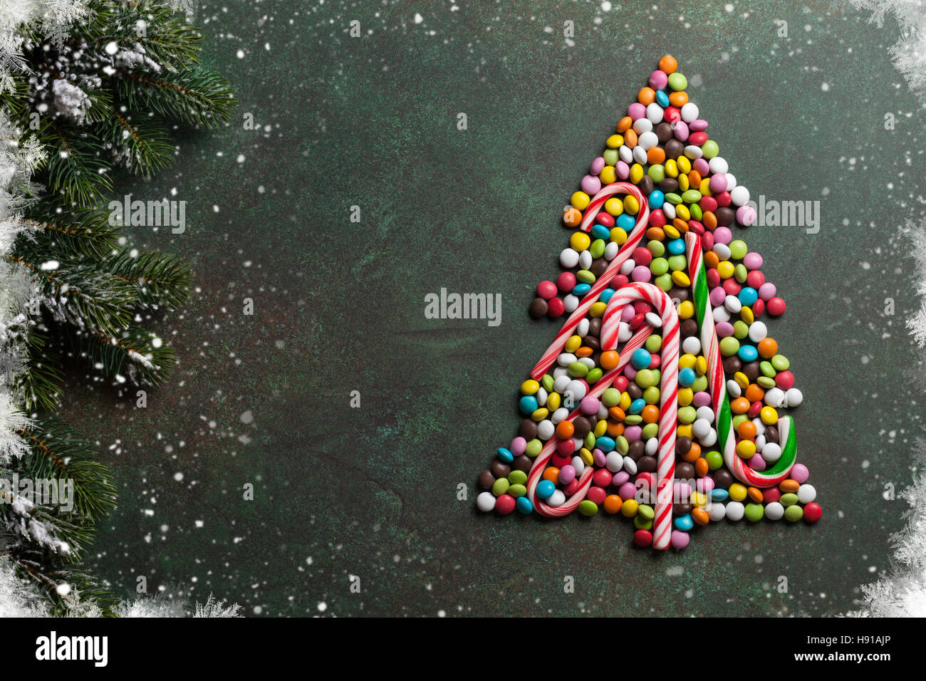 Candy christmas tree shape. Top view with copy space Stock Photo - Alamy