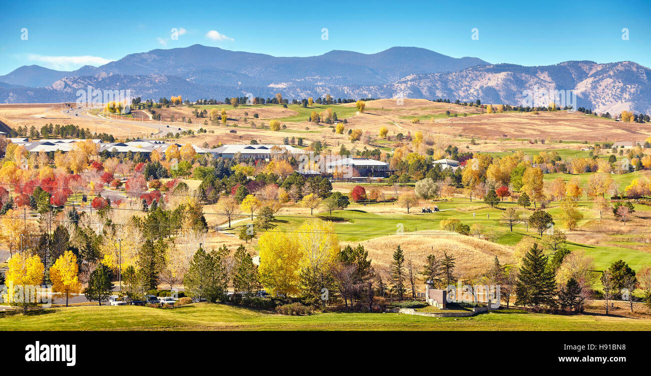 Autumn rural panoramic landscape with Rocky Mountains in distance ...