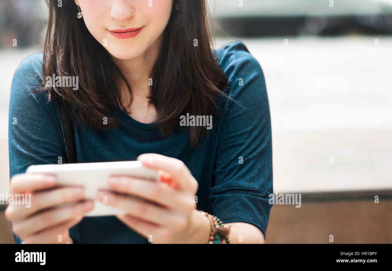 Woman Mobile Phone Connection Waiting City Technology Concept Stock ...