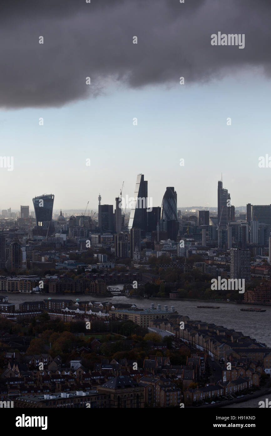 Dark clouds sitting over the City of London on a stormy afternoon ...