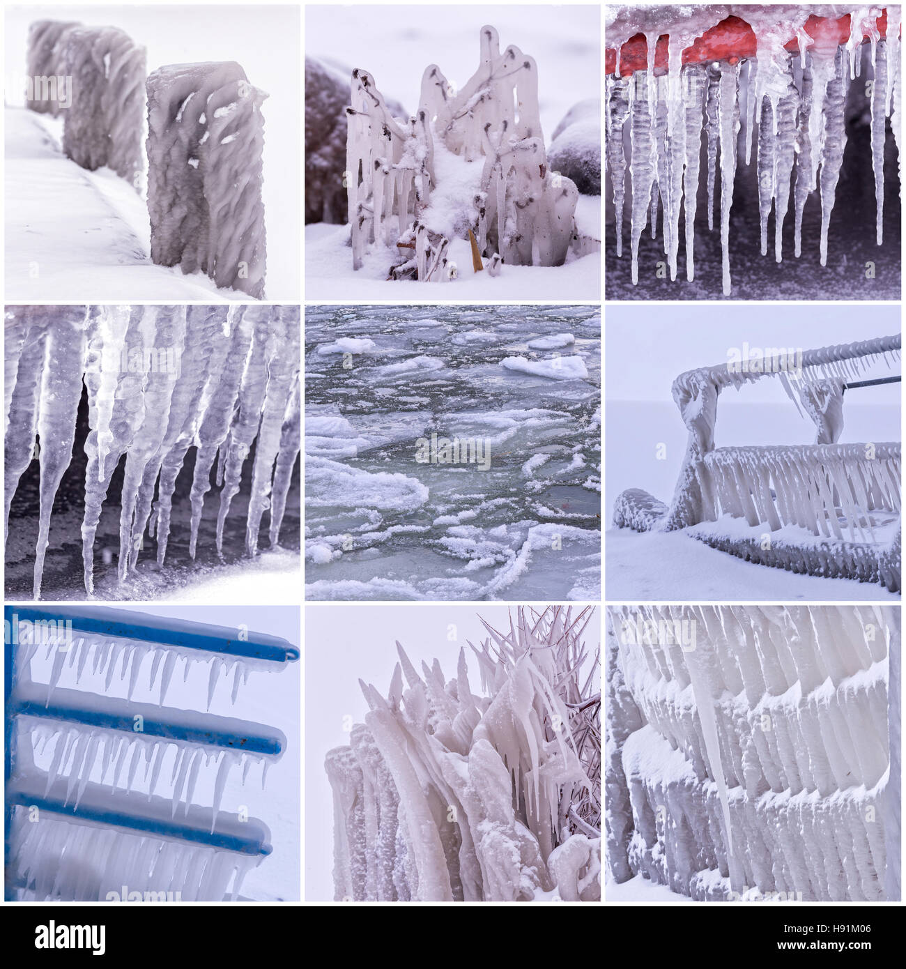 Photo collage of cold winter days with many icicle Stock Photo - Alamy