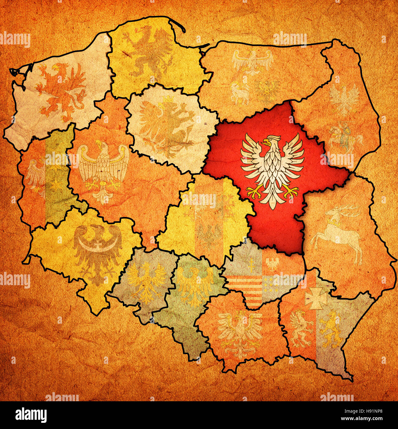 masovian region on administration map of poland with flags of other ...
