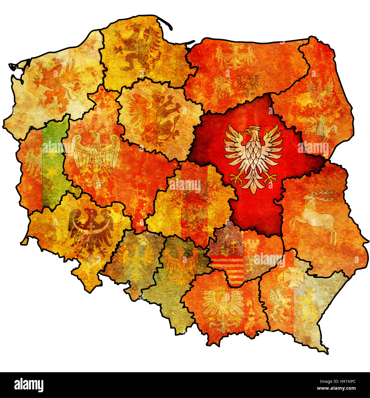 masovian region on administration map of poland with flags of other ...