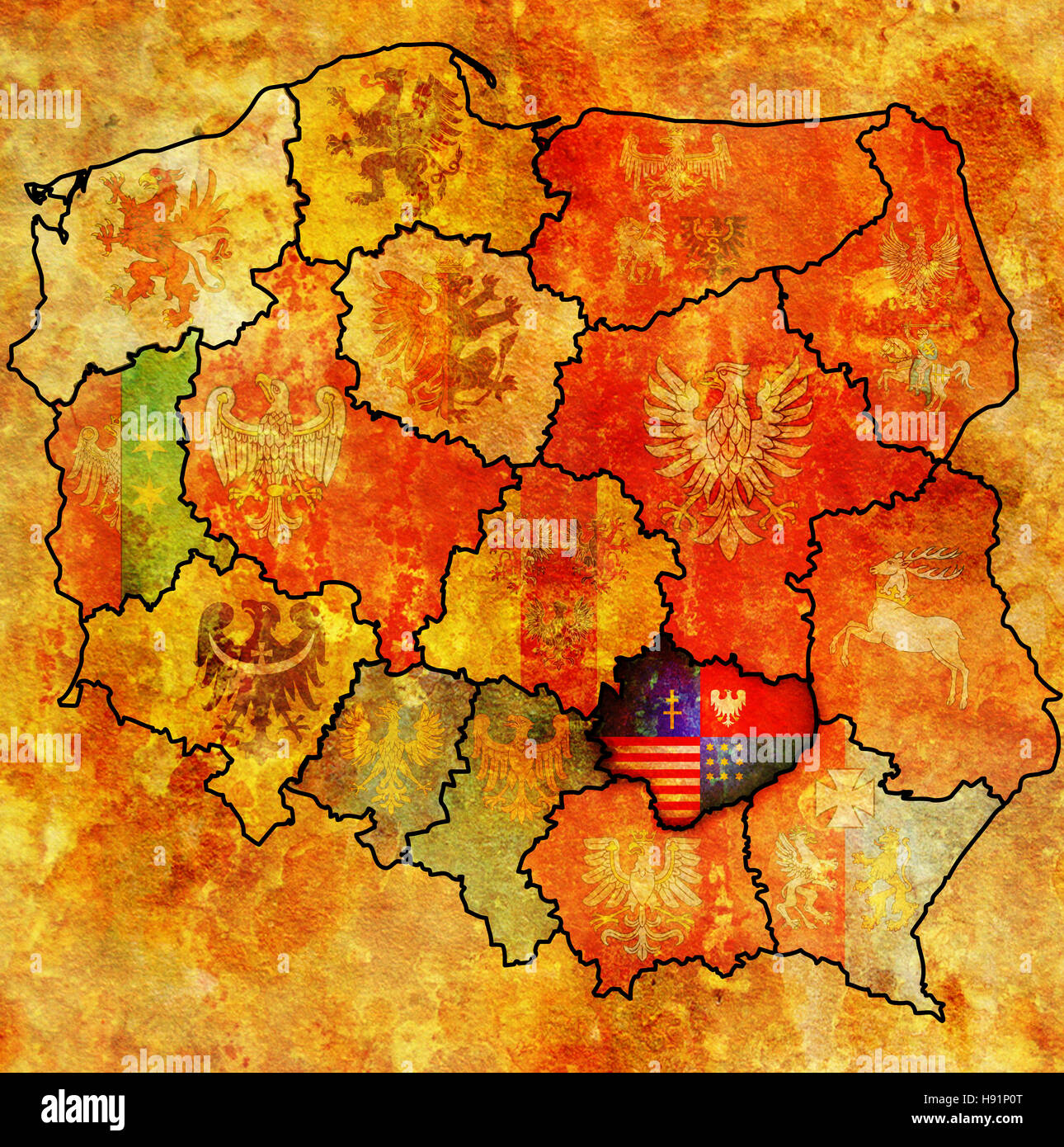 swietokrzyskie region on administration map of poland with flags of ...