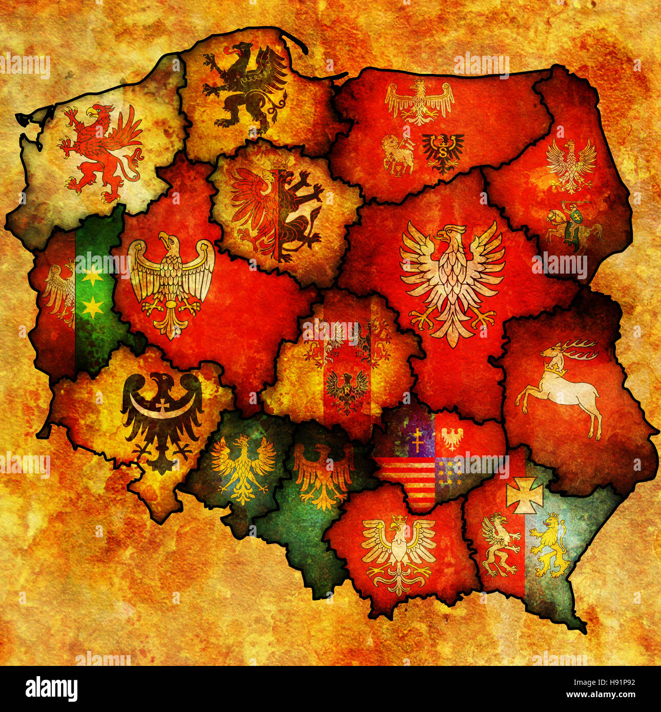 flags of regions on administration map of poland Stock Photo - Alamy