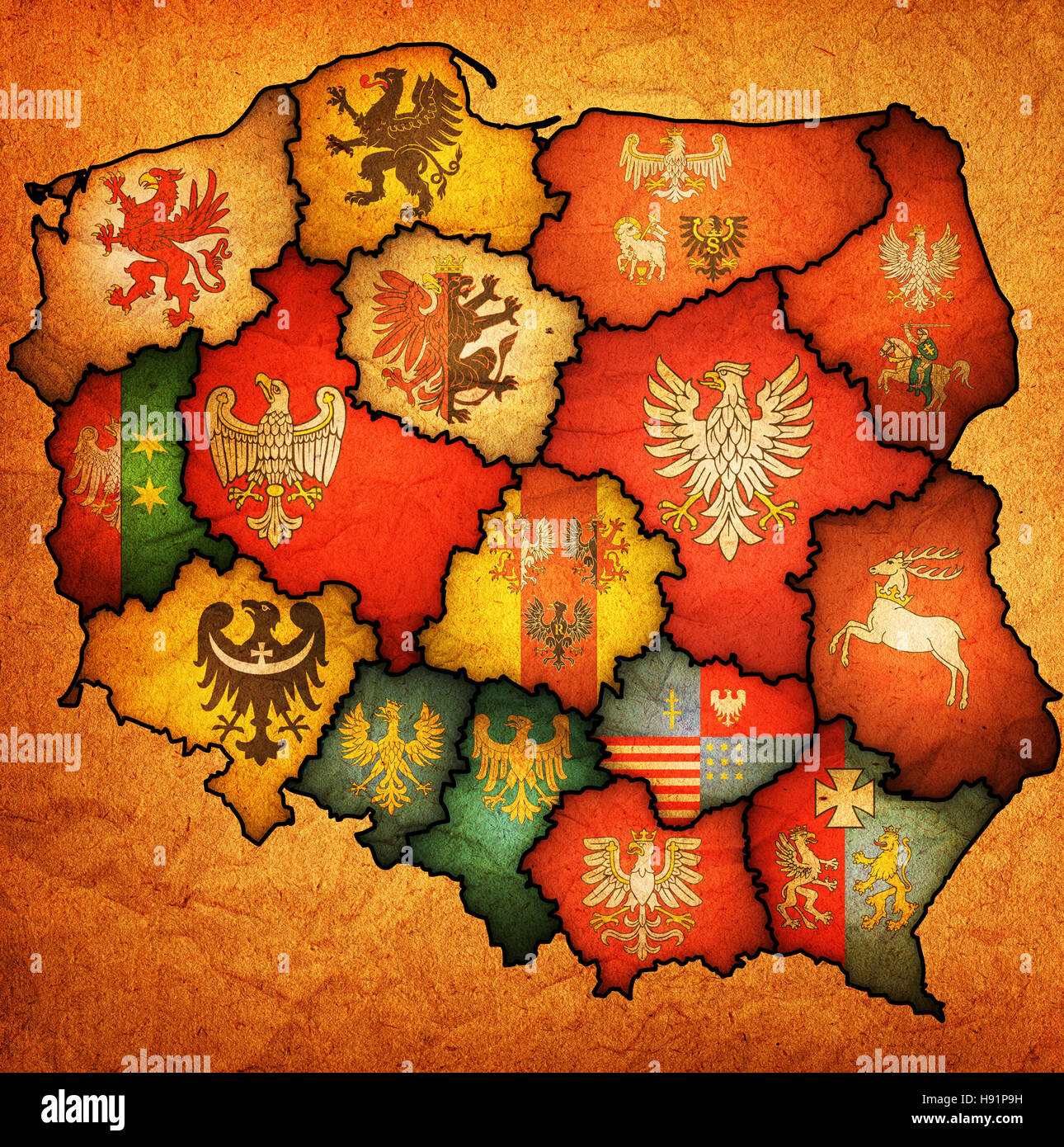flags of regions on administration map of poland Stock Photo - Alamy