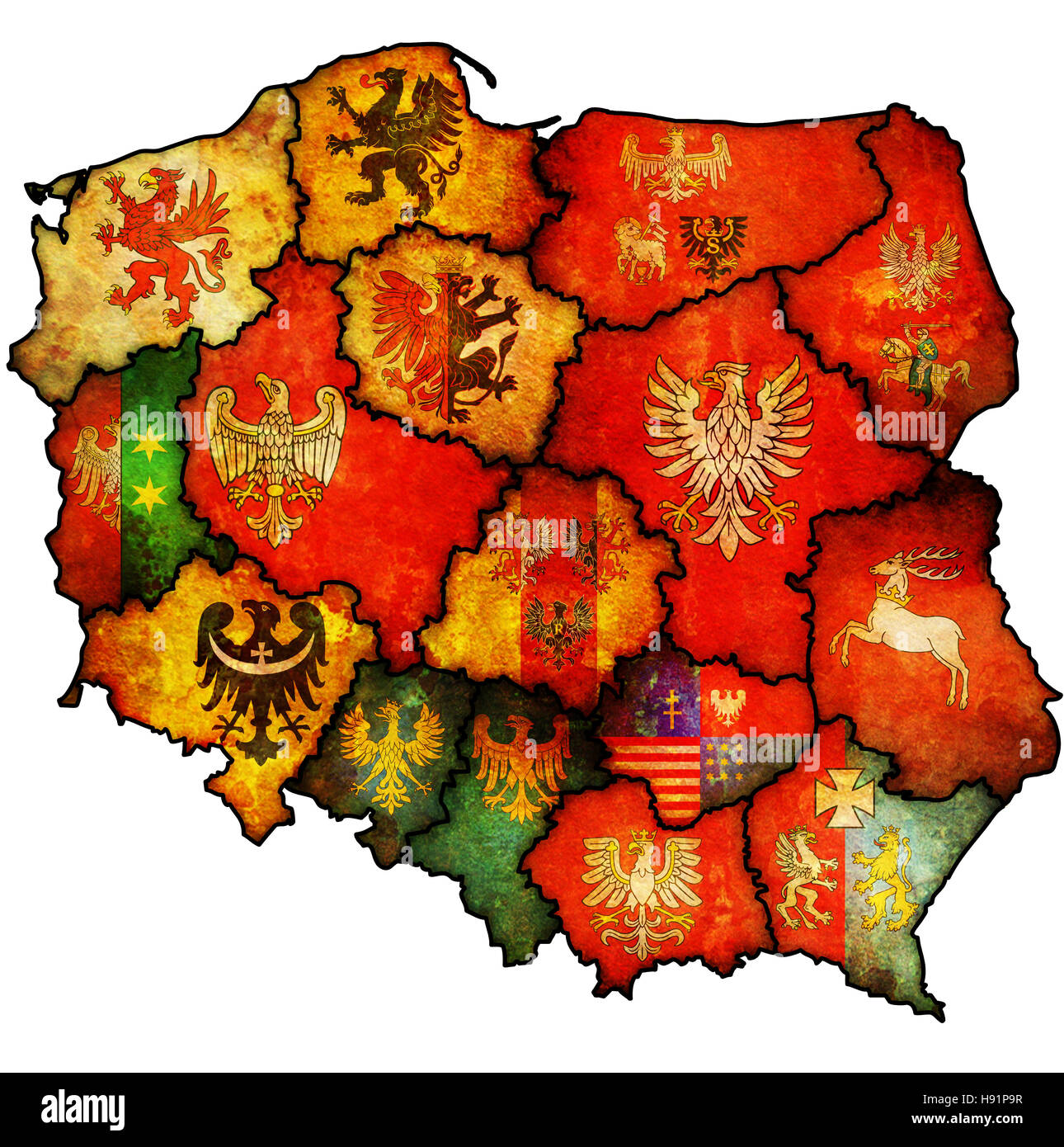 flags of regions on administration map of poland Stock Photo - Alamy