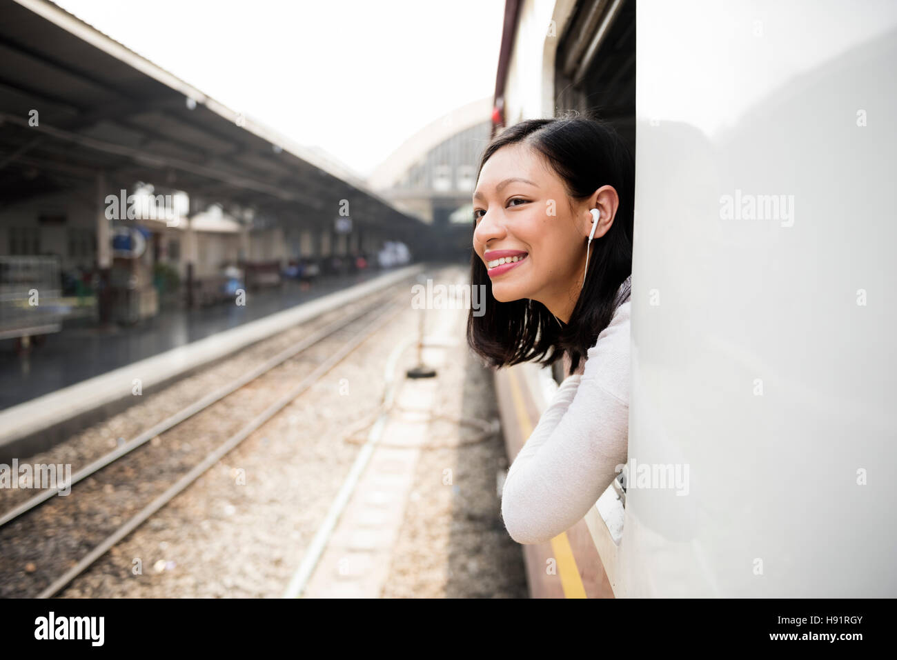 Asian Lady Traveling Commute Train Concept Stock Photo - Alamy