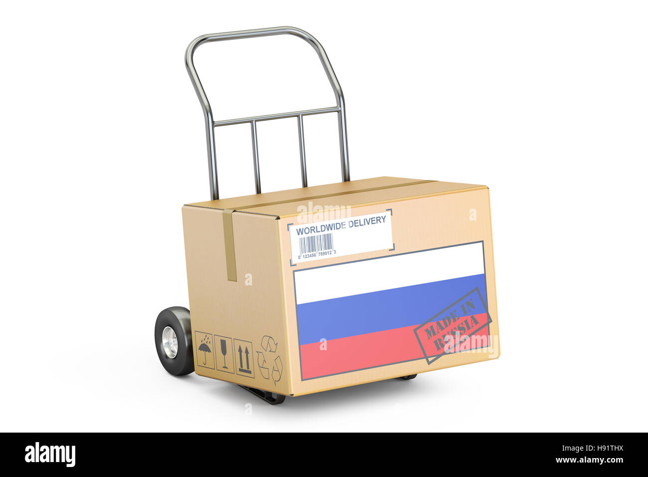 Made in Russia concept. Cardboard Box on Hand Truck, 3D rendering ...